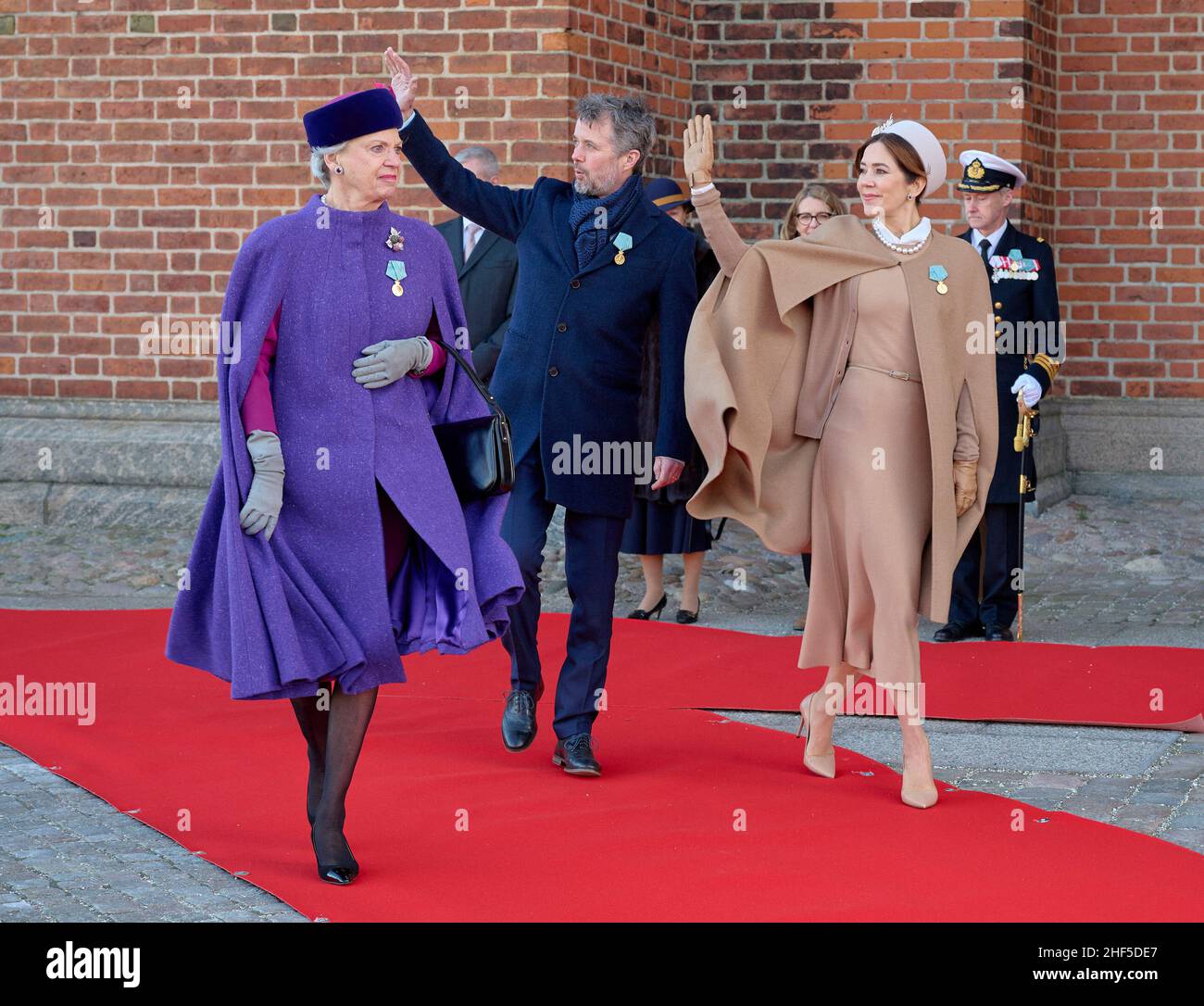 Princess Benedikte, Prince Frederik and Princess Mary during wreath ...