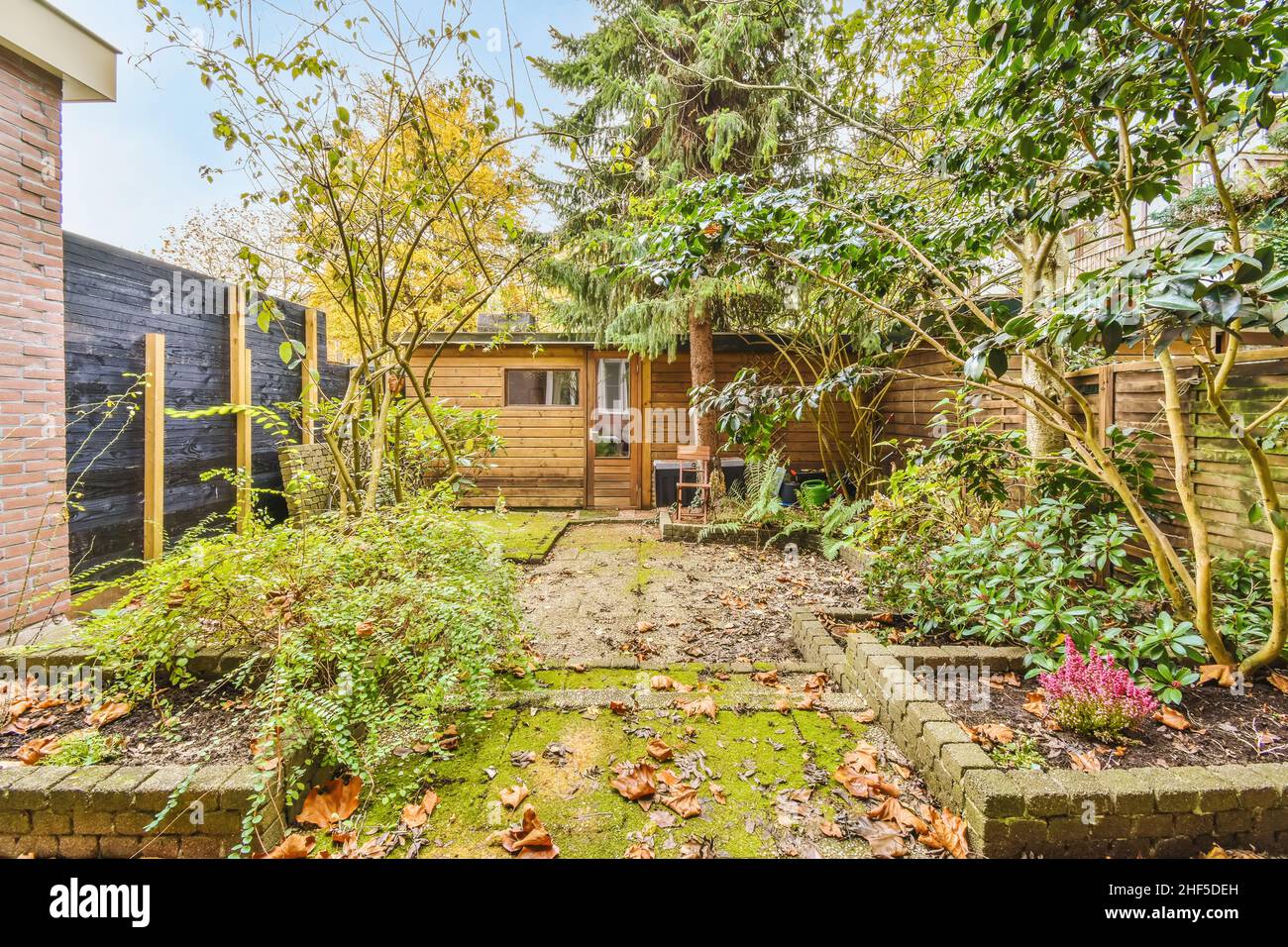 Nice courtyard of a house with trees and a garden Stock Photo - Alamy