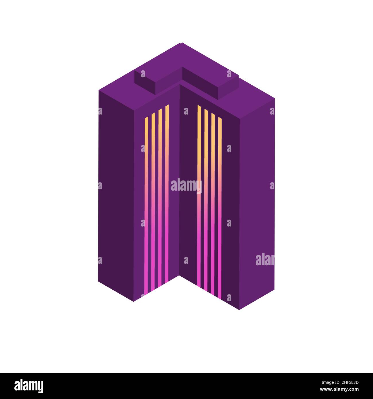 Isometric icon with modern neon skyscraper building on white background ...