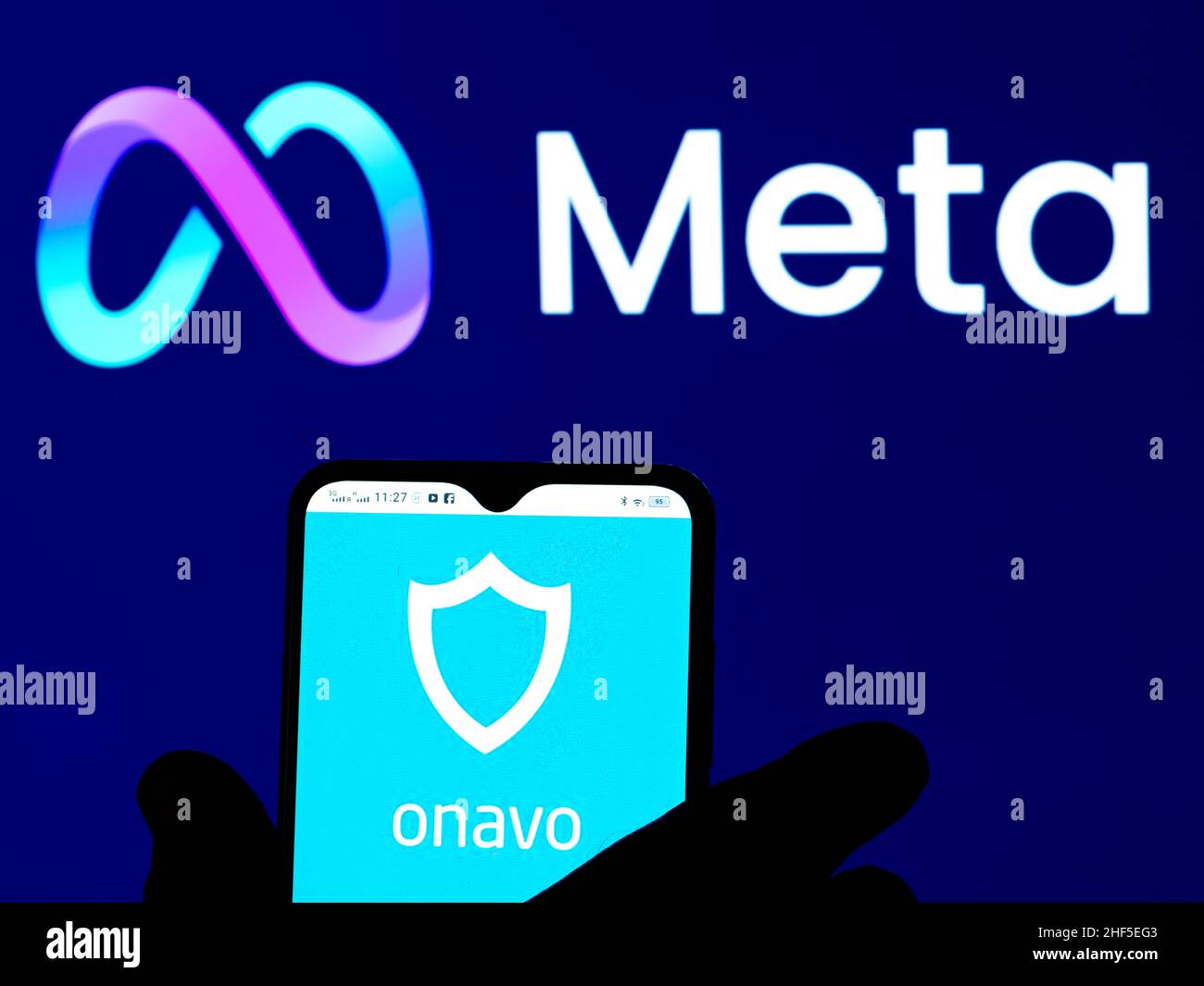 In this photo illustration, the Onavo, a division of Meta Platforms ...