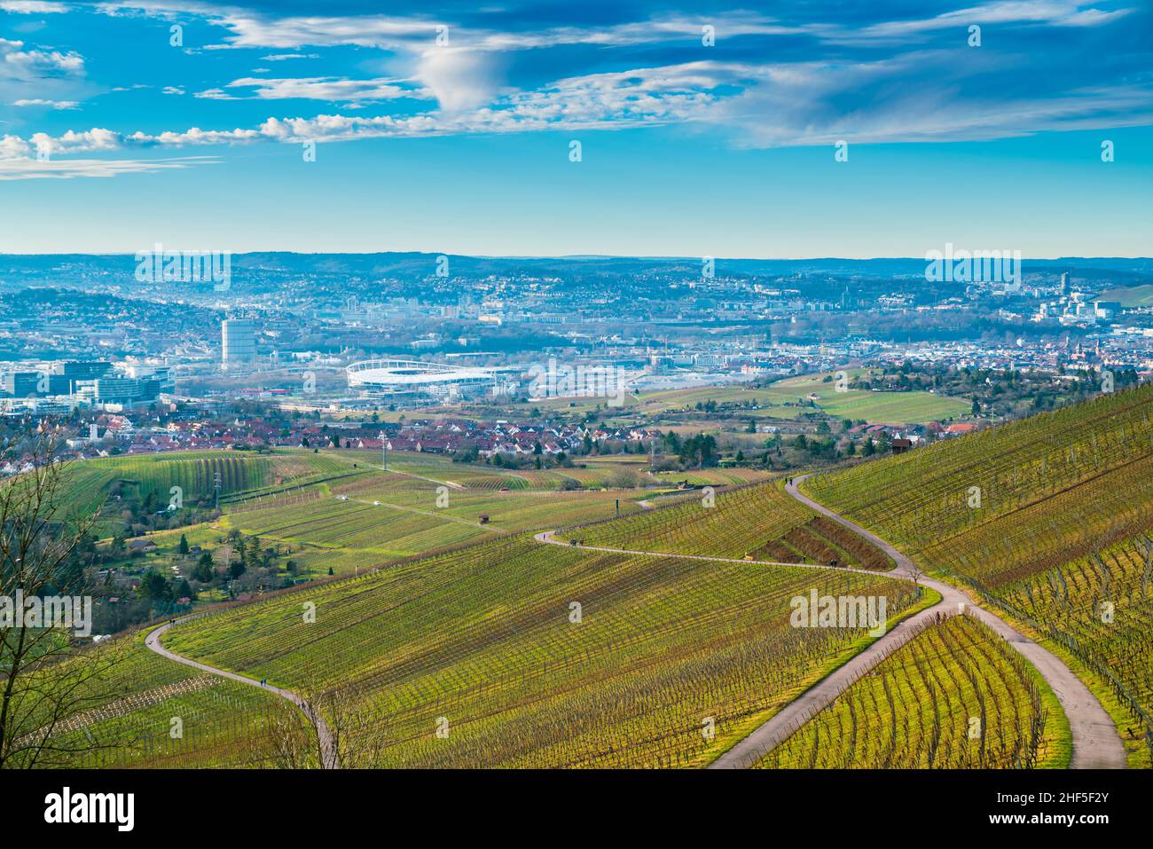 Germany, Stuttgart city houses, arena, vineyard, skyline and industry ...