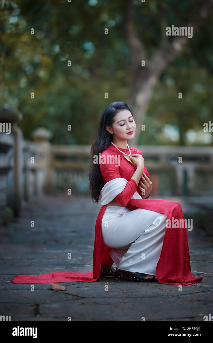 Ho Chi Minh city, Viet Nam: Ao Dai, Beautiful girl in Vietnamese traditional costume Stock Photo ...