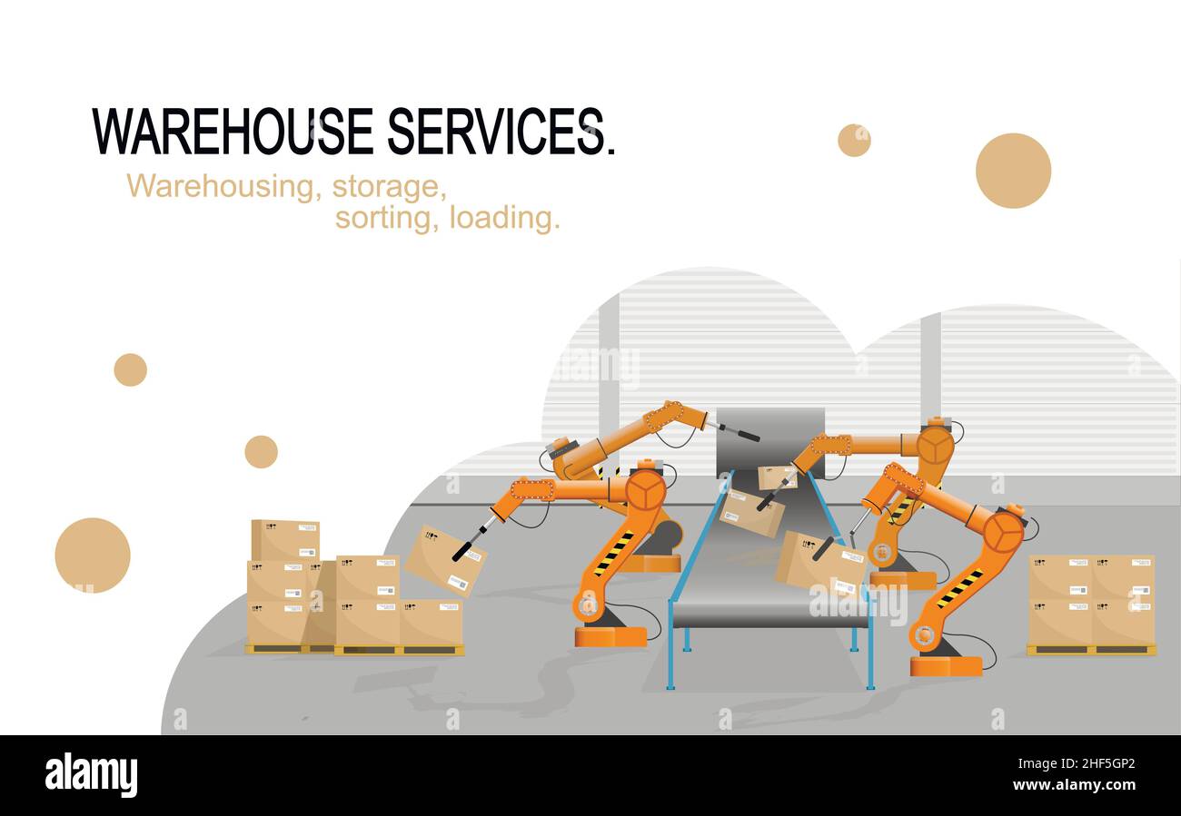 Warehouse Services. Warehousing, storage, sorting, loading of goods. Modern automated warehouse ...