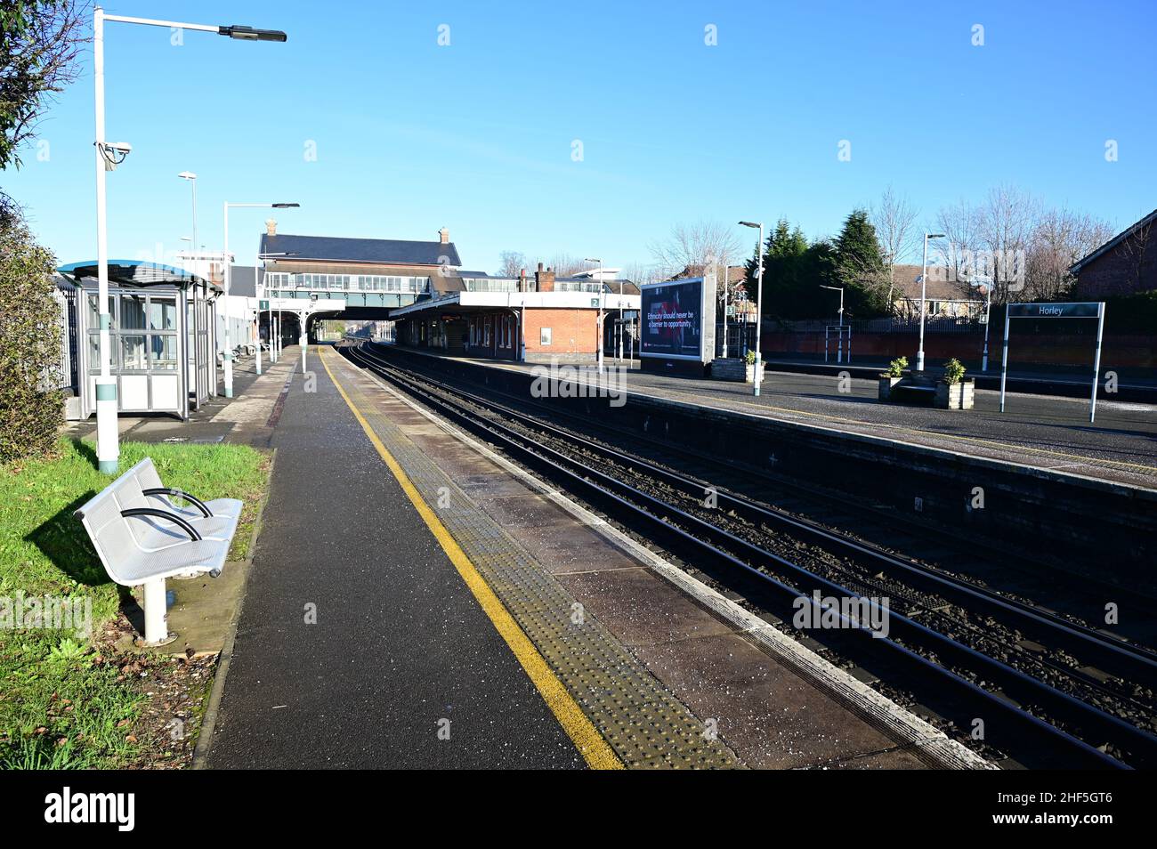 Horley railway station in Surrey on January 14 2022 on a cold winters ...