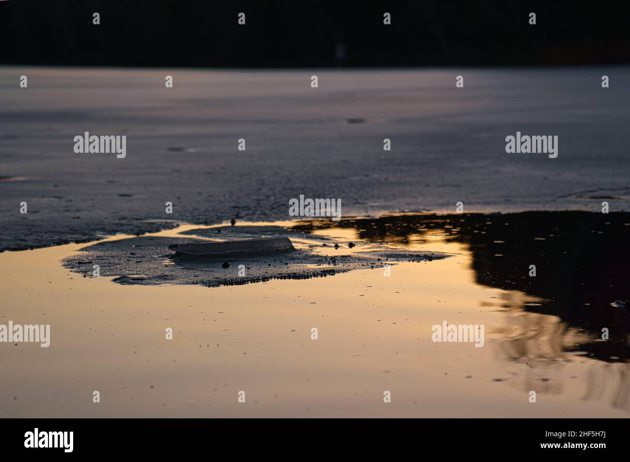 Ice edge on a lake at sunset. Winter landscape in Brandenburg ...