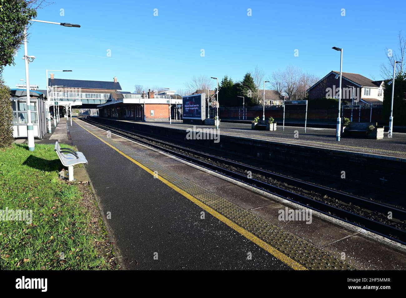 Horley railway station in Surrey on January 14 2022 on a cold winters ...