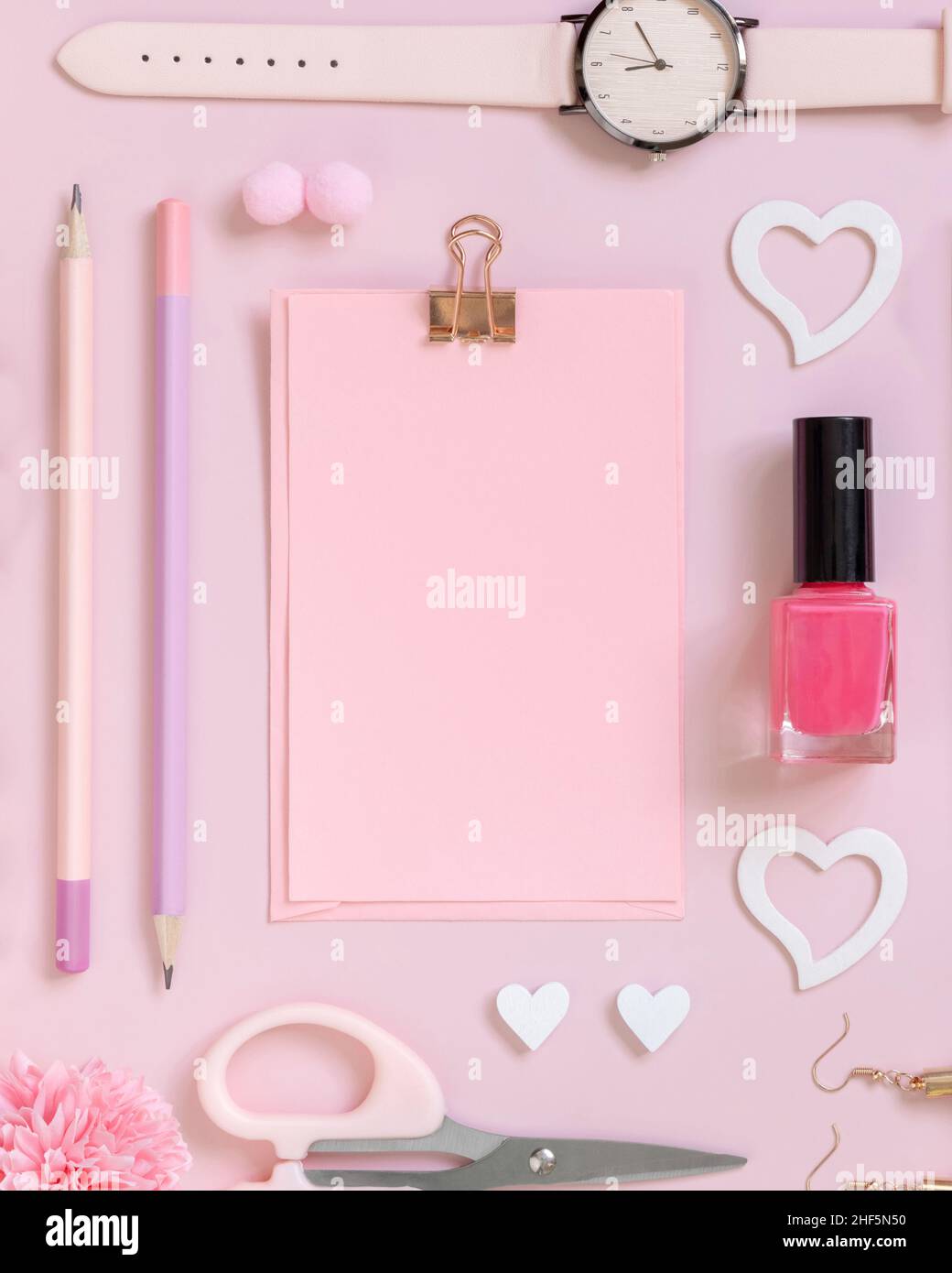 Pink paper card with clip, school girlish accessories and hearts on ...