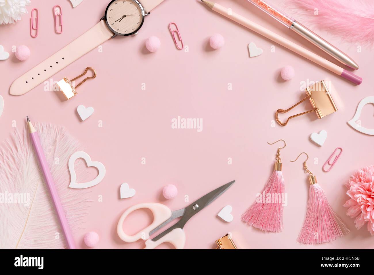 Pink school accessories and hearts on pastel pink, Top view, copy space ...
