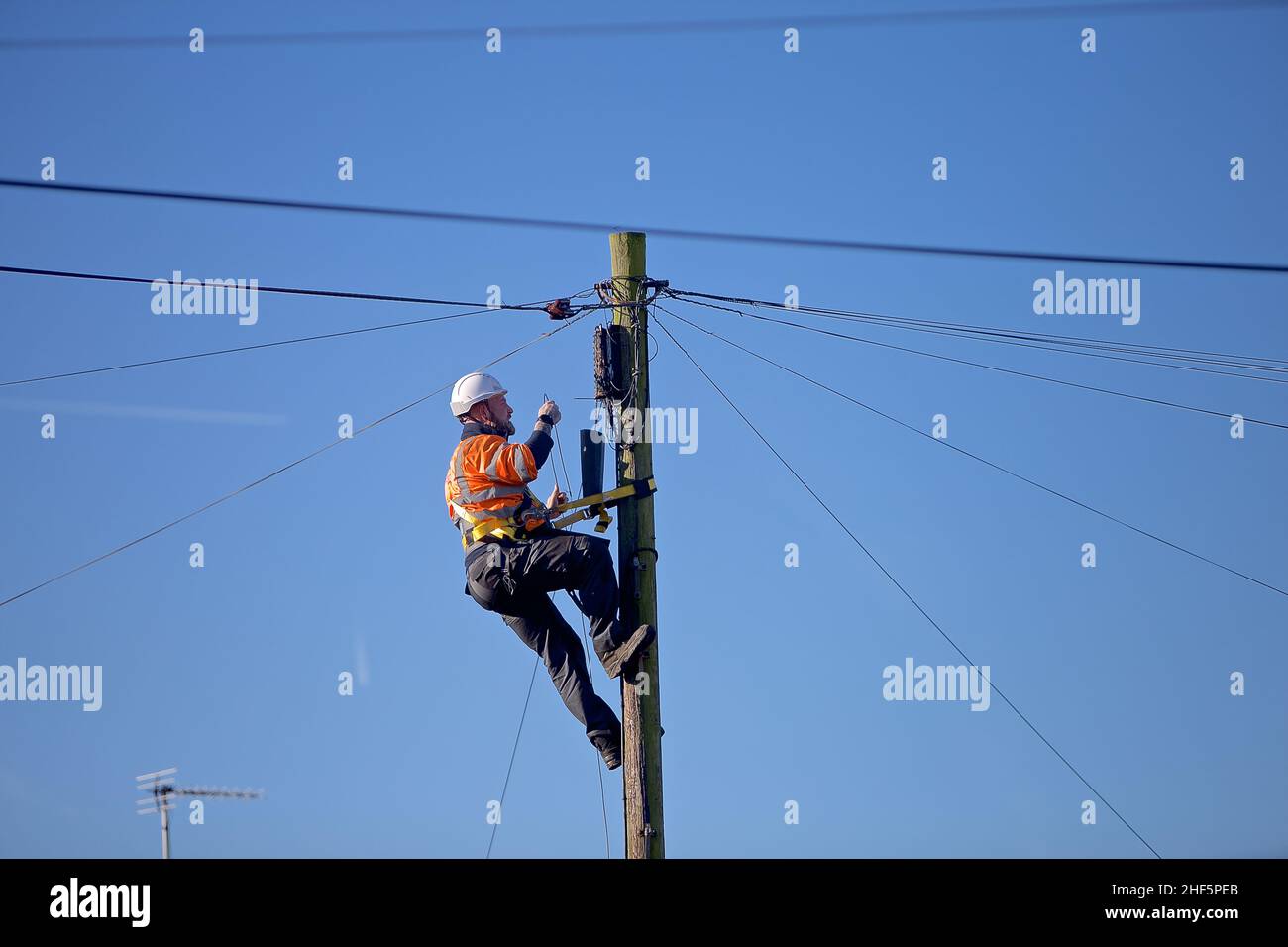 Open reach telecommunications engineer at work up a ladder, he is ...