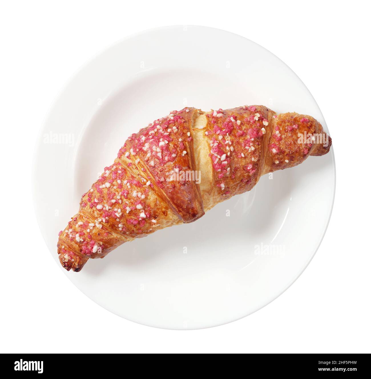 Fresh raspberry croissant in plate isolated on white background, top ...