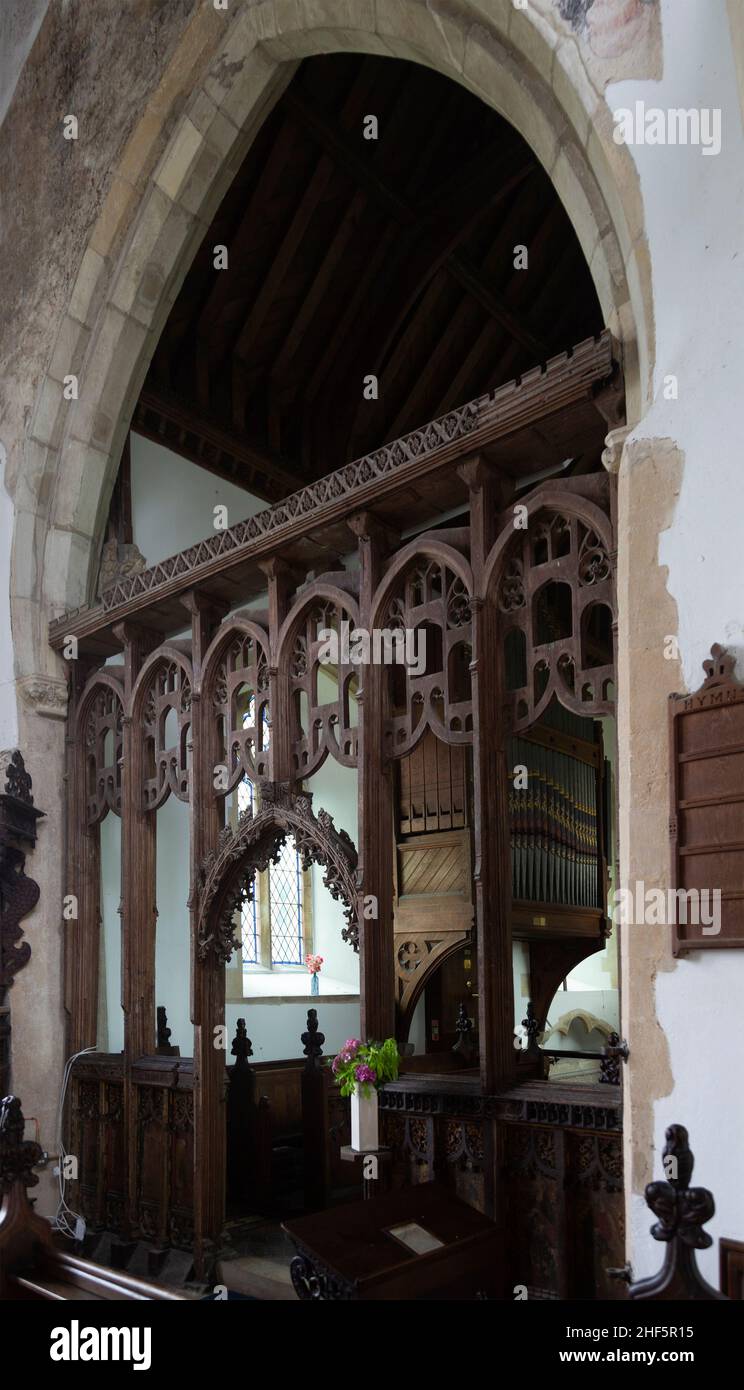 15th century wooden rood screen in chancel arch, Yaxley church, Suffolk ...