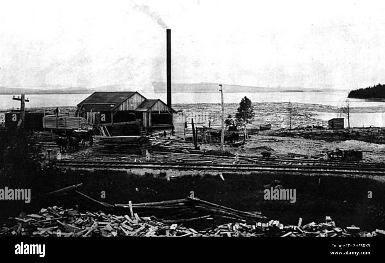 Sawmill and log boom 1920 Meductic Stock Photo - Alamy