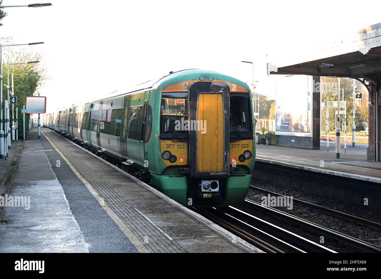 A Southern branded class 377 train at Horley railway station in Surrey ...