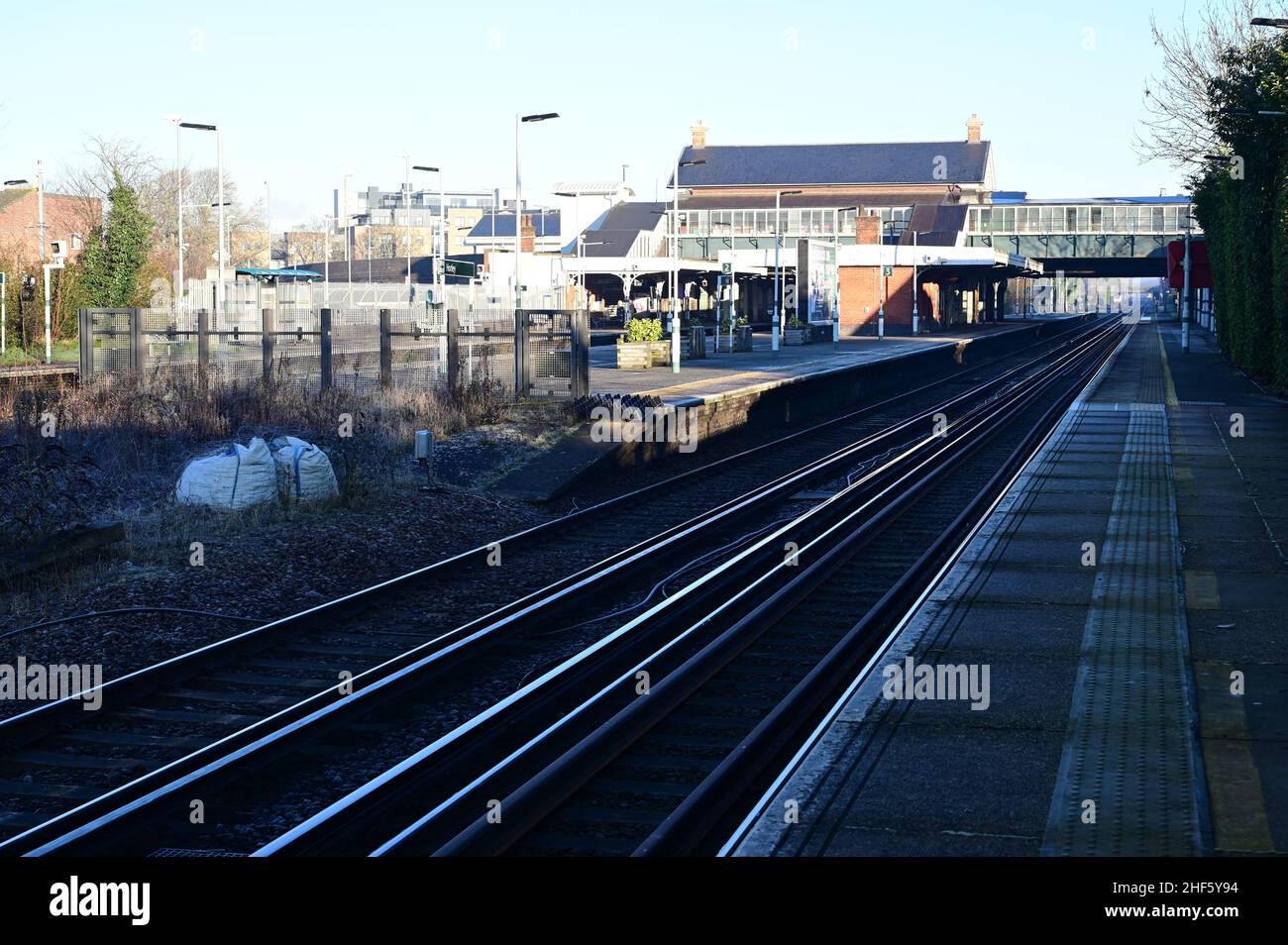 Horley railway station in Surrey on January 14 2022 on a cold winters ...