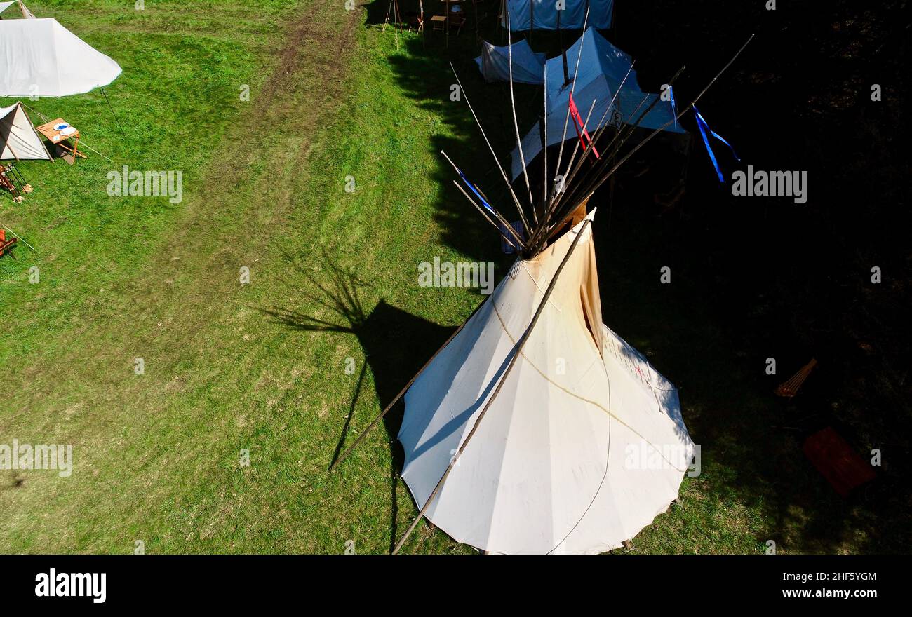 Aerial view of Blood Lake Rendezvous encampment of pre-1840 historical ...