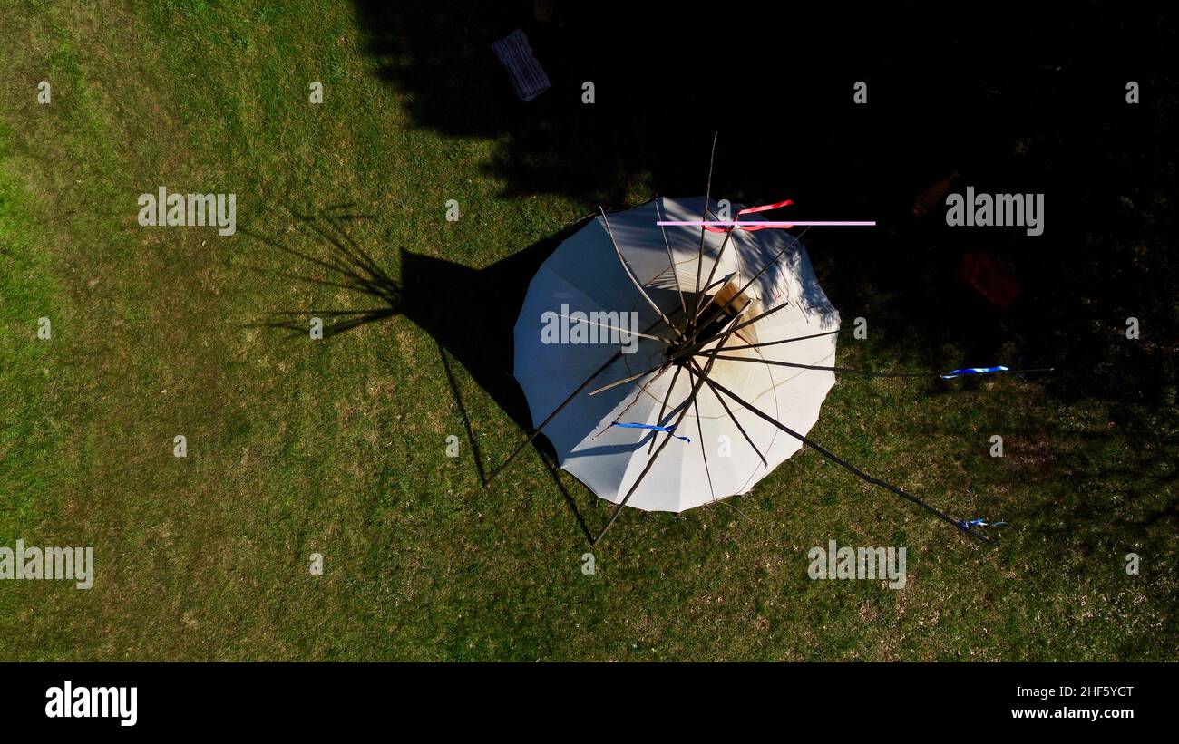Aerial view of Blood Lake Rendezvous encampment of pre-1840 historical ...