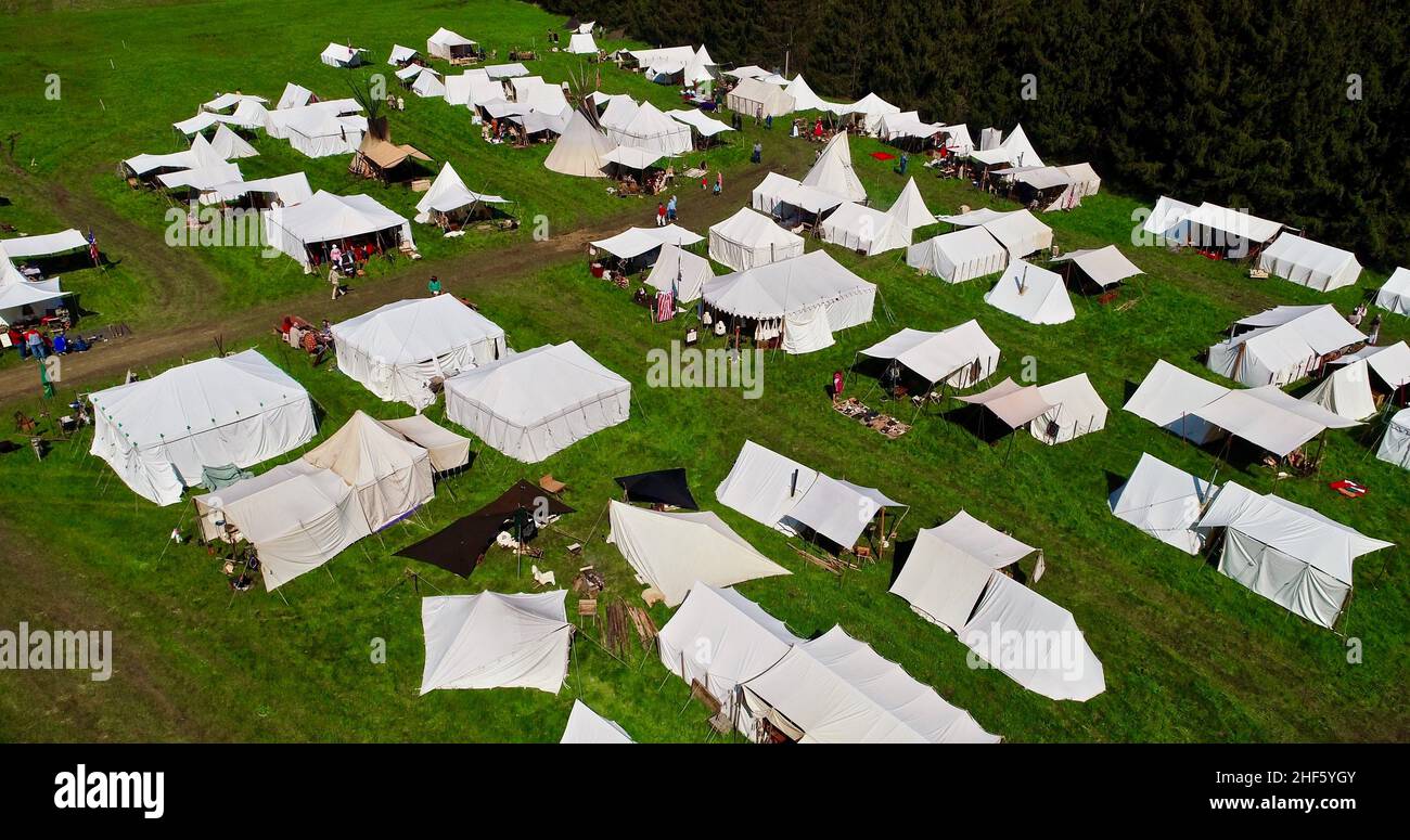 Aerial view of Blood Lake Rendezvous encampment of pre-1840 historical ...