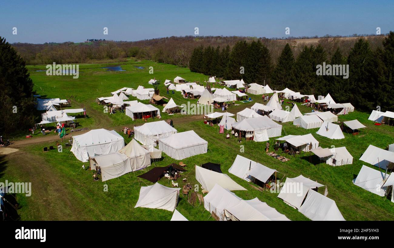 Aerial view of Blood Lake Rendezvous encampment of pre-1840 historical ...