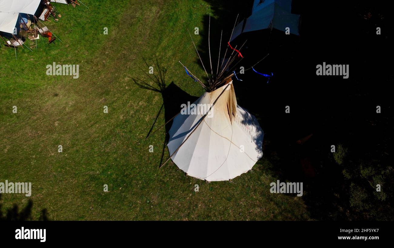 Aerial view of Blood Lake Rendezvous encampment of pre-1840 historical ...