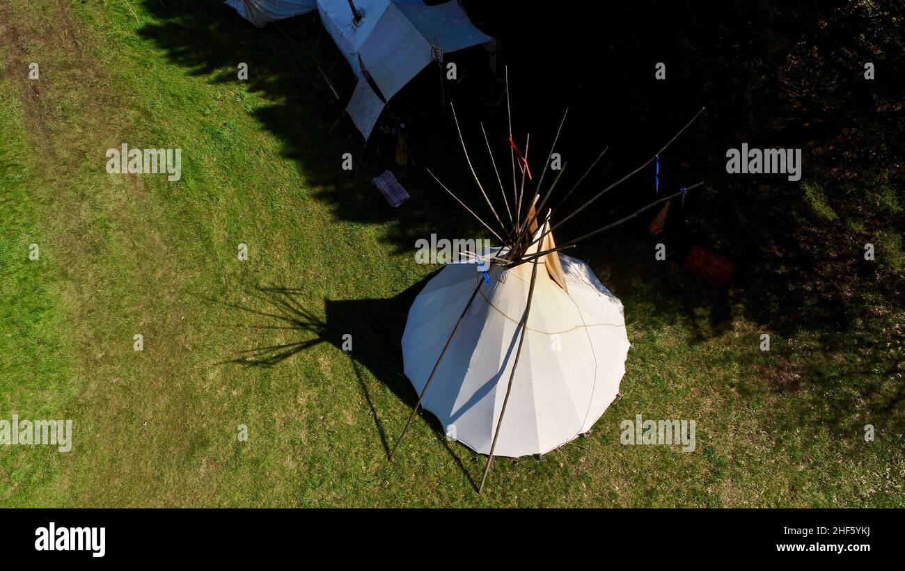 Aerial view of Blood Lake Rendezvous encampment of pre-1840 historical ...