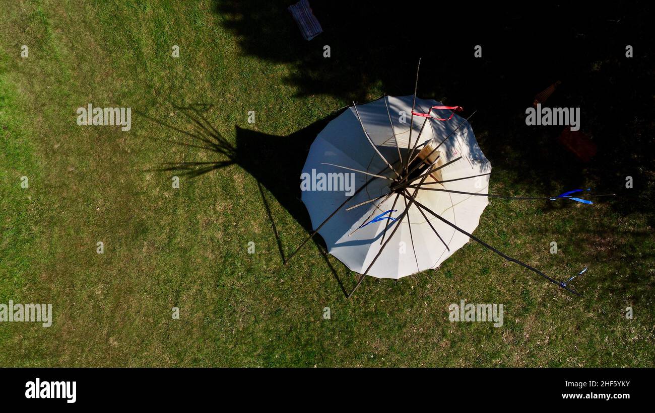 Aerial view of Blood Lake Rendezvous encampment of pre-1840 historical ...