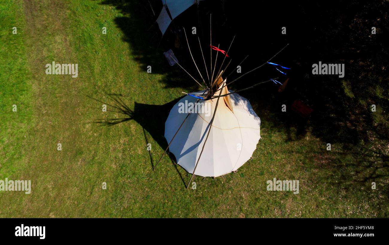 Aerial view of Blood Lake Rendezvous encampment of pre-1840 historical ...