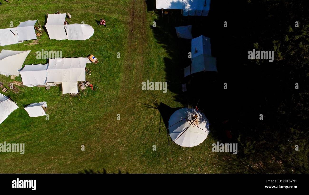 Aerial view of Blood Lake Rendezvous encampment of pre-1840 historical ...