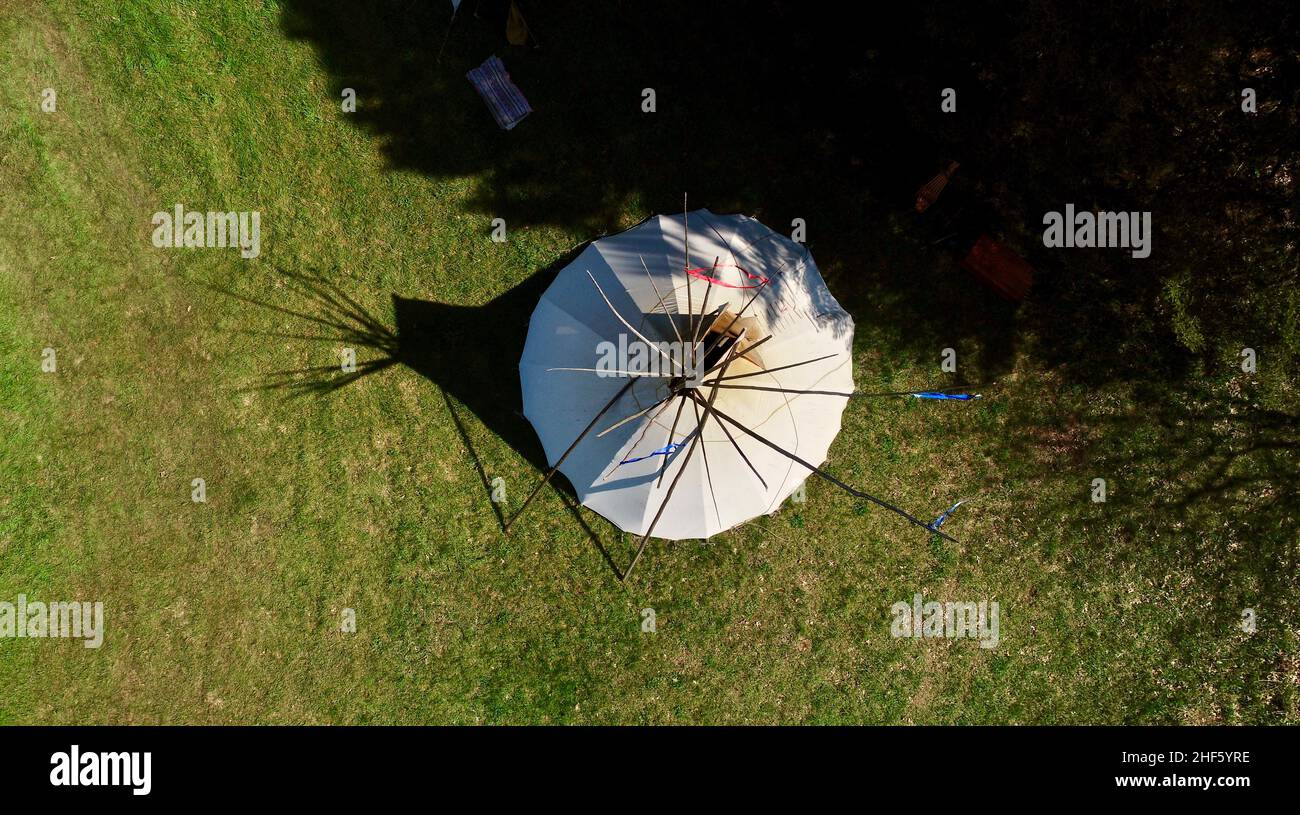 Aerial view of Blood Lake Rendezvous encampment of pre-1840 historical ...