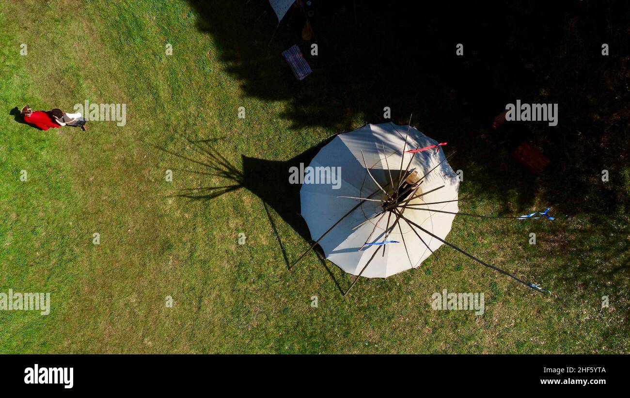 Aerial view of Blood Lake Rendezvous encampment of pre-1840 historical ...