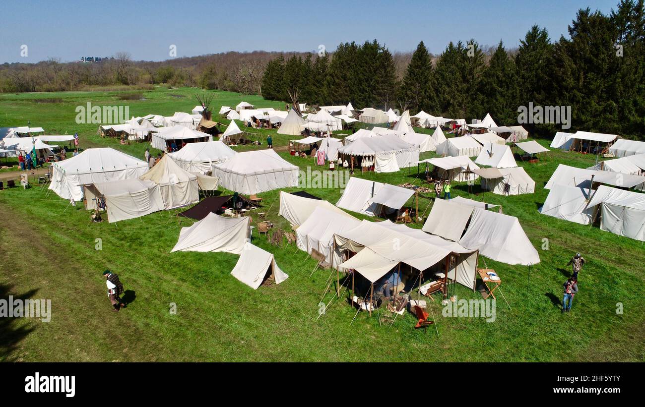 Aerial view of Blood Lake Rendezvous encampment of pre-1840 historical ...