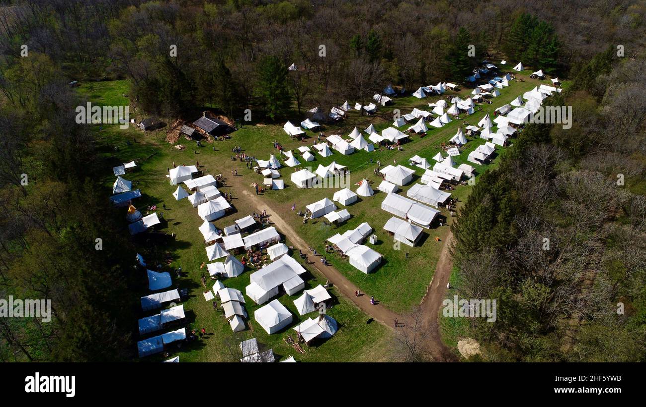 Aerial view of Blood Lake Rendezvous encampment of pre-1840 historical ...