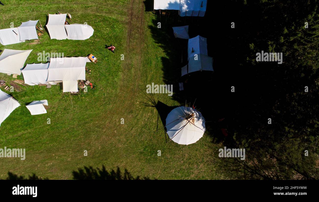 Aerial view of Blood Lake Rendezvous encampment of pre-1840 historical ...