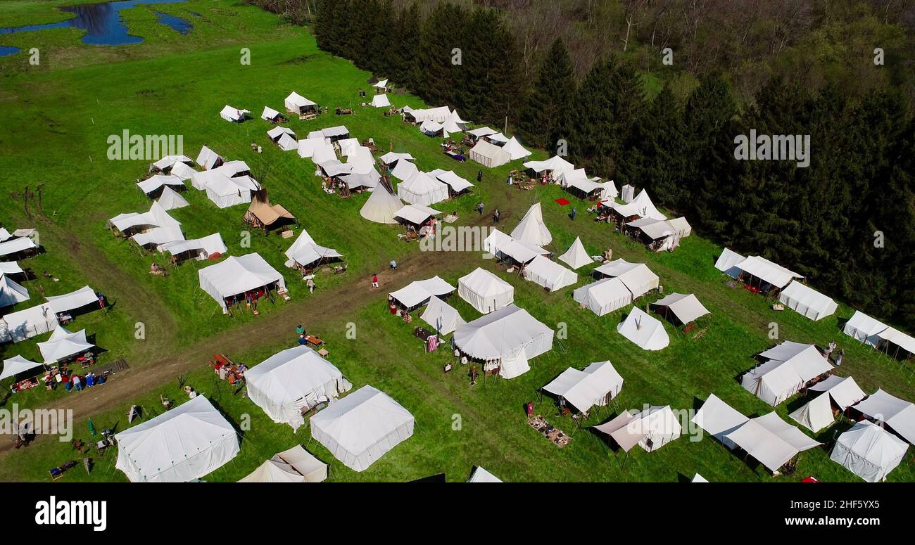 Aerial view of Blood Lake Rendezvous encampment of pre-1840 historical ...