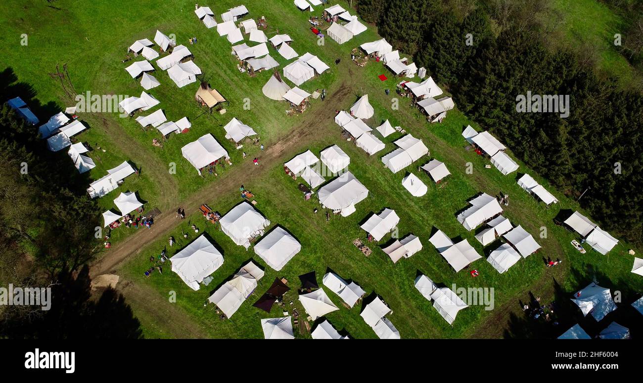 Aerial view of Blood Lake Rendezvous encampment of pre-1840 historical ...