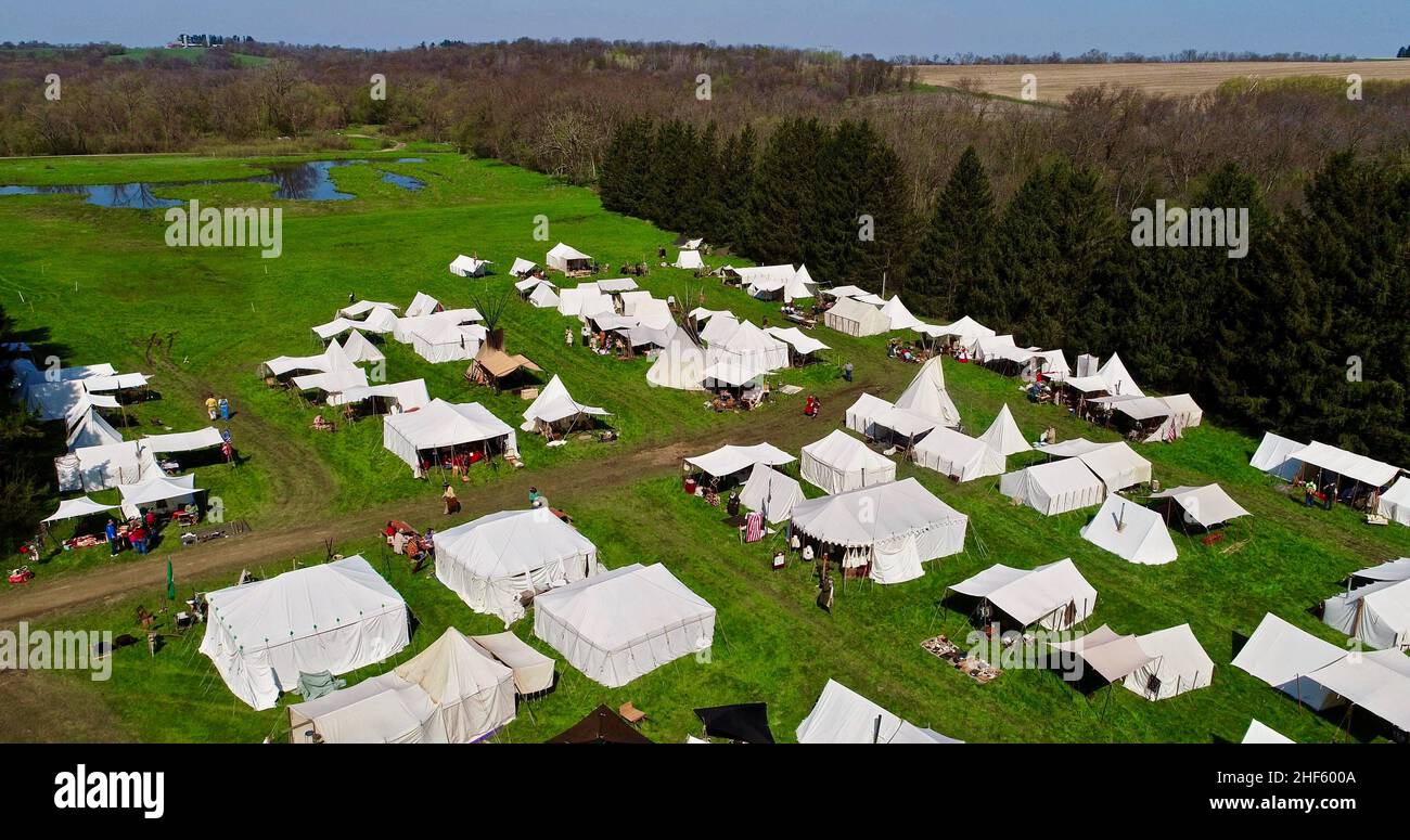 Aerial view of Blood Lake Rendezvous encampment of pre-1840 historical ...
