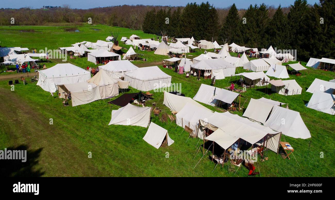 Aerial view of Blood Lake Rendezvous encampment of pre-1840 historical ...