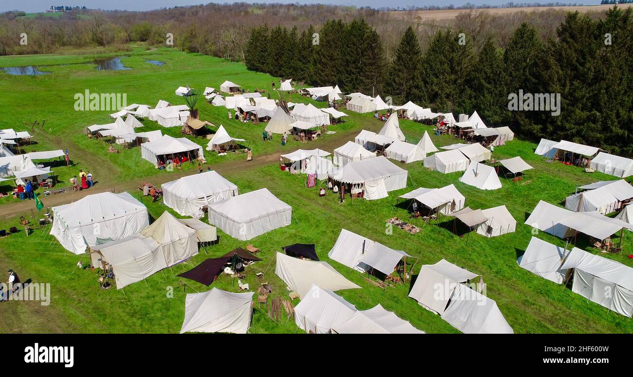 Aerial view of Blood Lake Rendezvous encampment of pre-1840 historical ...