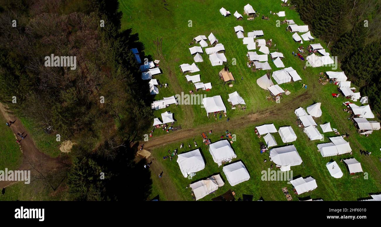 Aerial view of Blood Lake Rendezvous encampment of pre-1840 historical ...