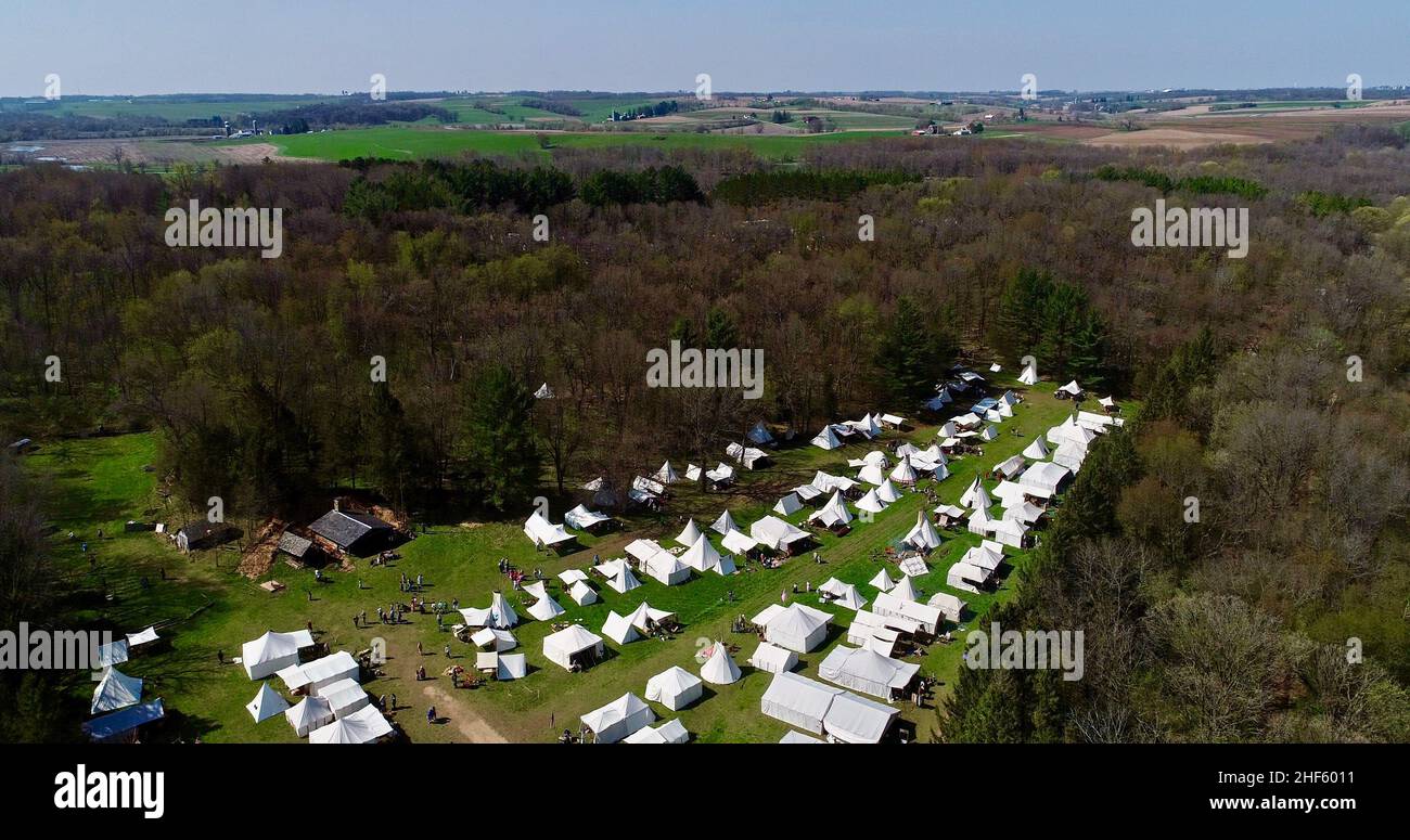 Aerial view of Blood Lake Rendezvous encampment of pre-1840 historical ...