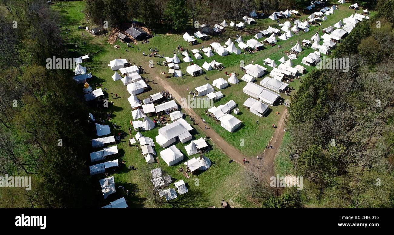 Aerial view of Blood Lake Rendezvous encampment of pre-1840 historical ...
