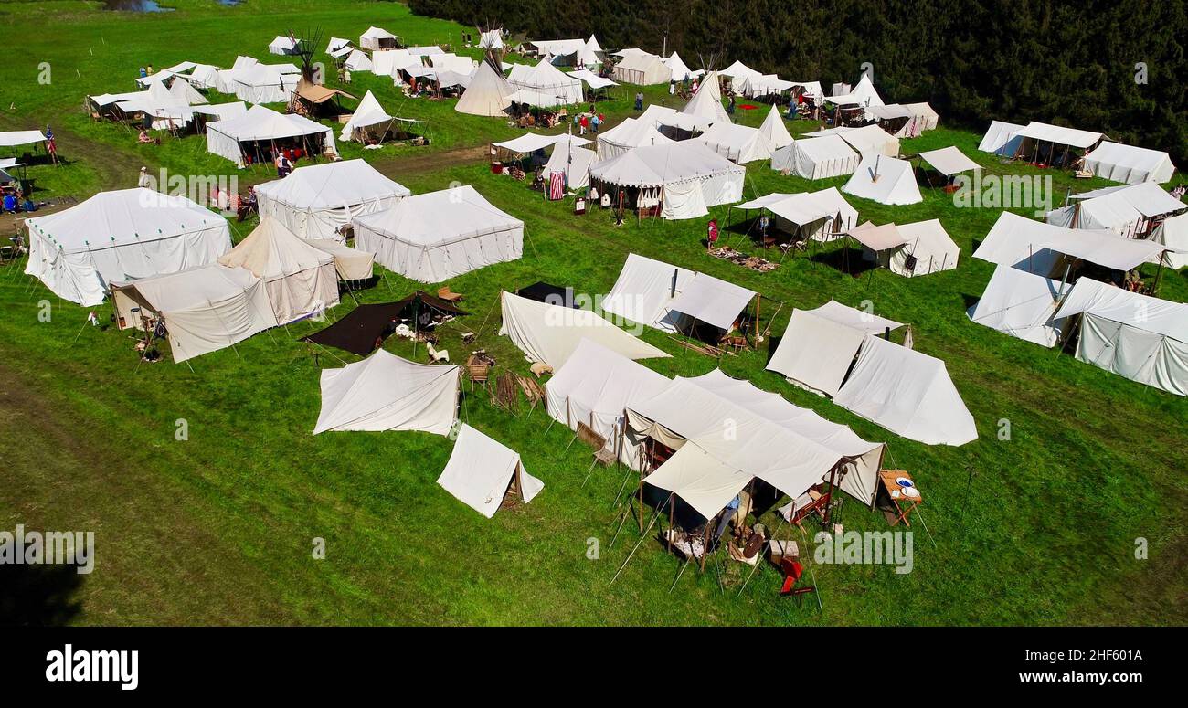 Aerial view of Blood Lake Rendezvous encampment of pre-1840 historical ...