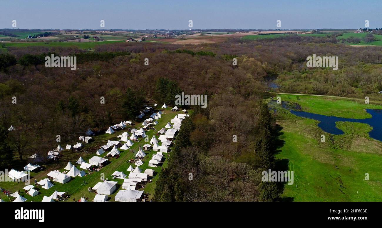 Aerial view of Blood Lake Rendezvous encampment of pre-1840 historical ...