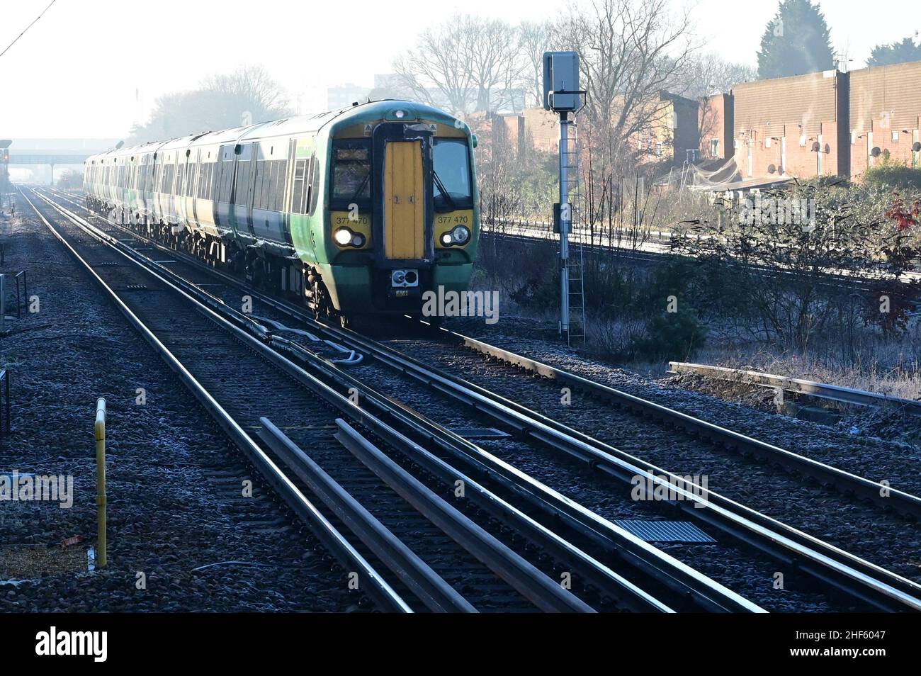 A Southern branded class 377 train at Horley railway station in Surrey ...