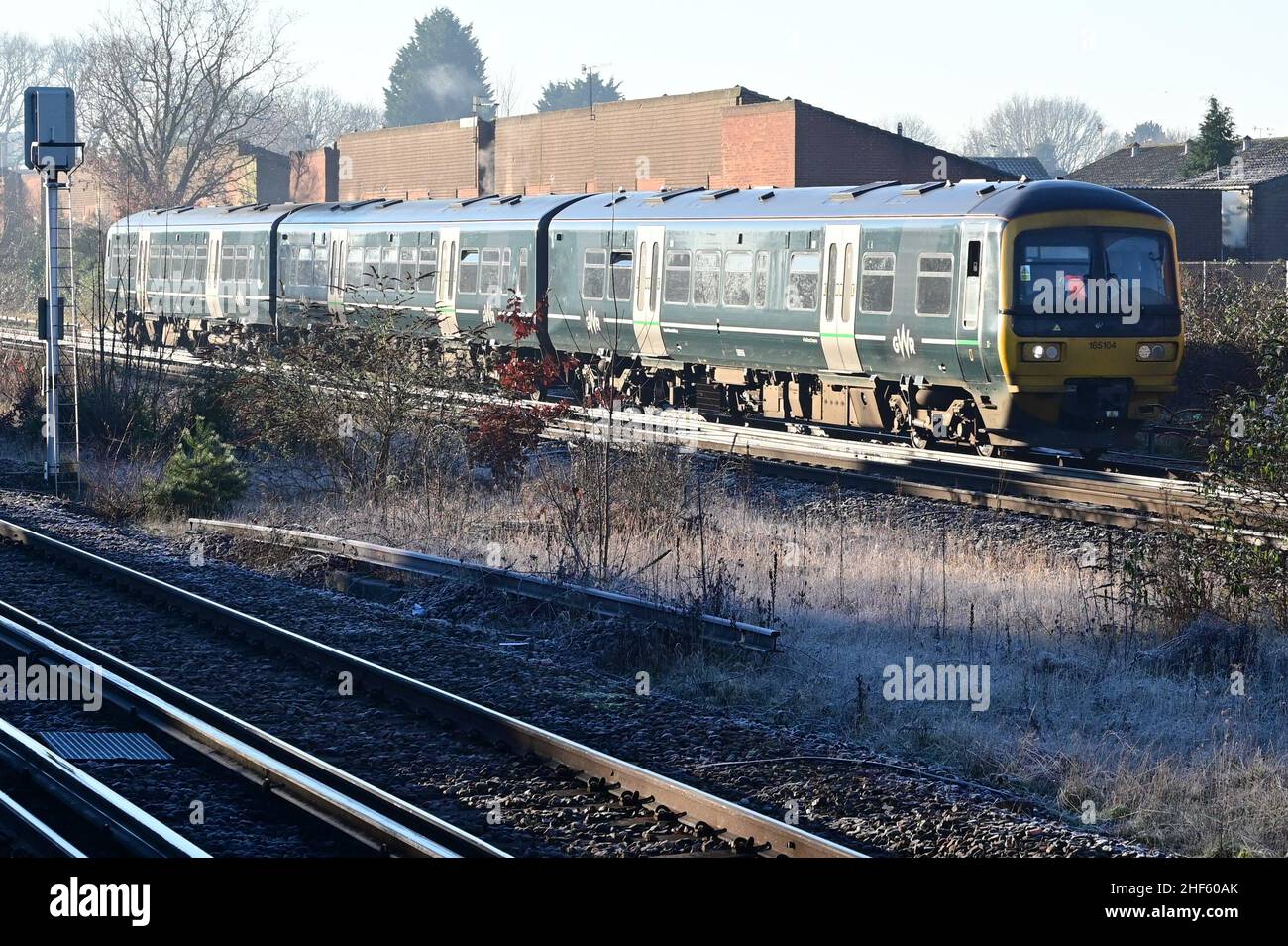 Horley railway station in Surrey on January 14 2022 on a cold winters ...