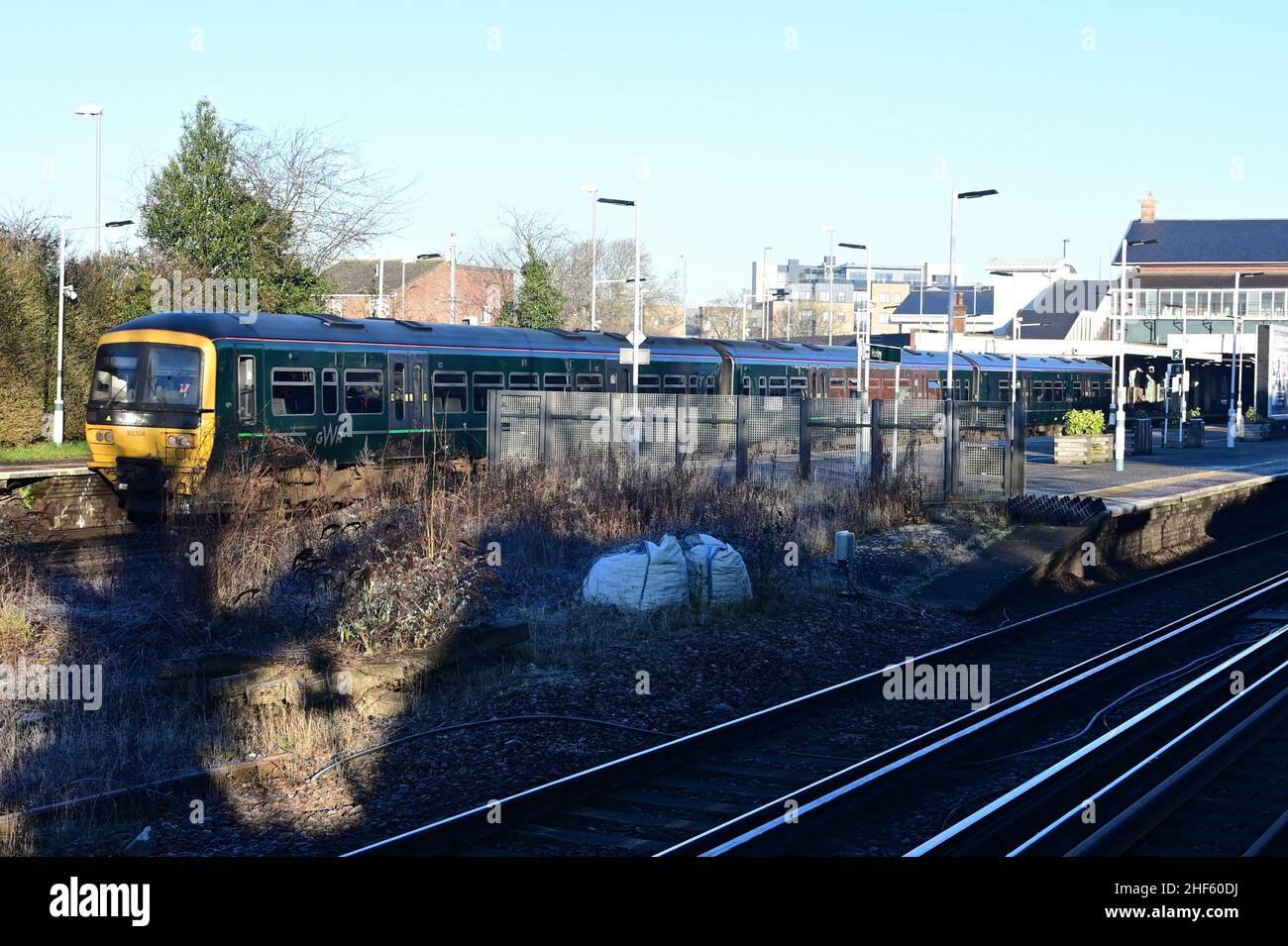 Horley railway station in Surrey on January 14 2022 on a cold winters ...