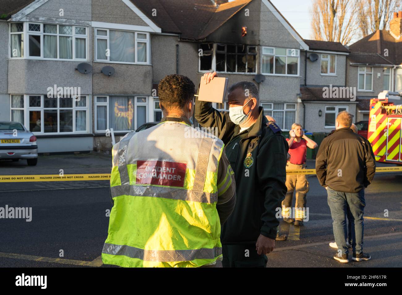 Bexley, London, UK. 14th Jan, 2022. Four fire engines and 25 ...