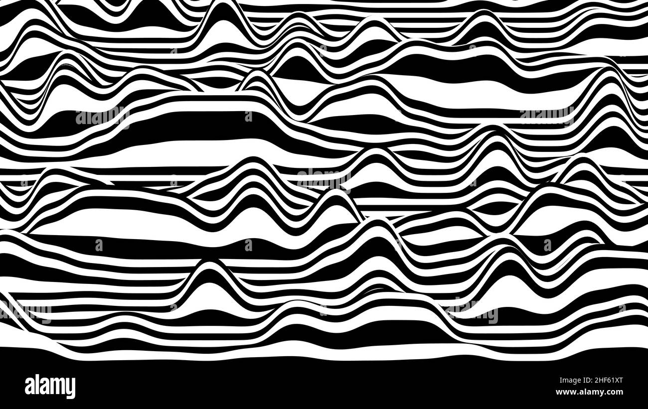 Trendy 3D black and white stripes distorted backdrop. Procedural ripple ...