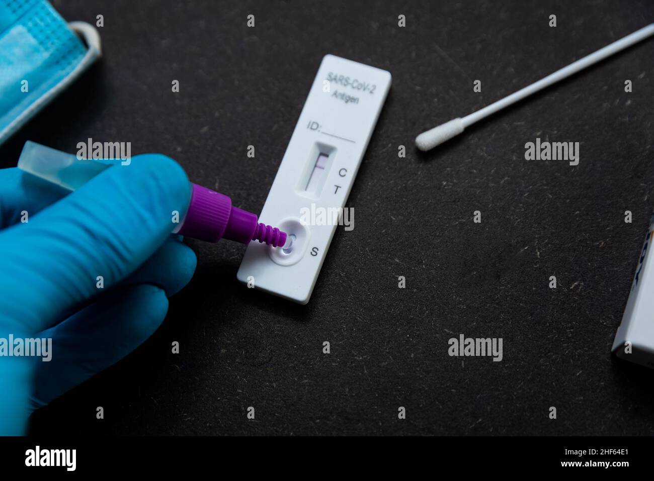 A person is seen doing a rapid antigen test for SARS-CoV-2 or Covid is ...
