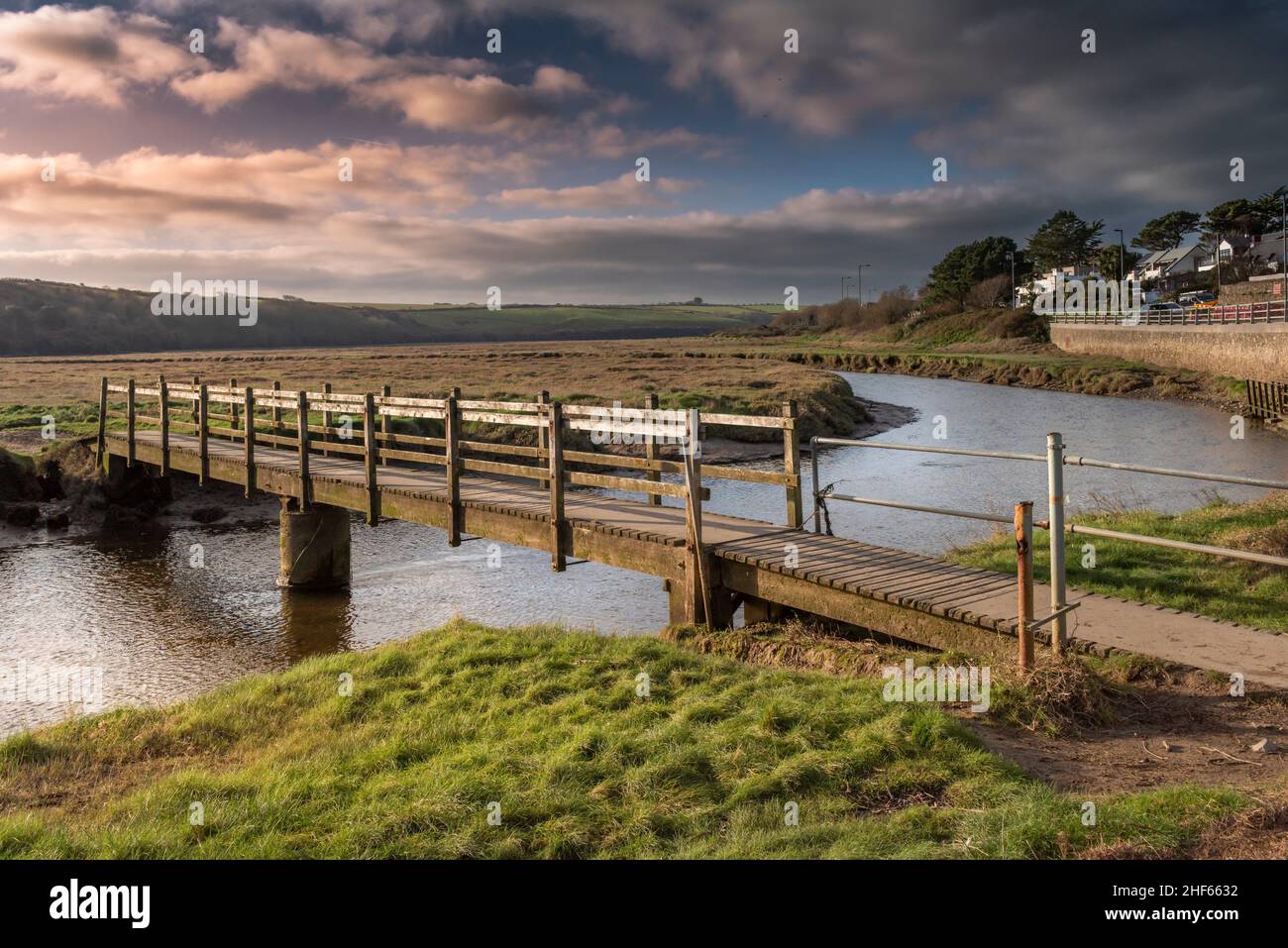 The wooden footbridge over the Gannel River in Newquay in Cornwall ...
