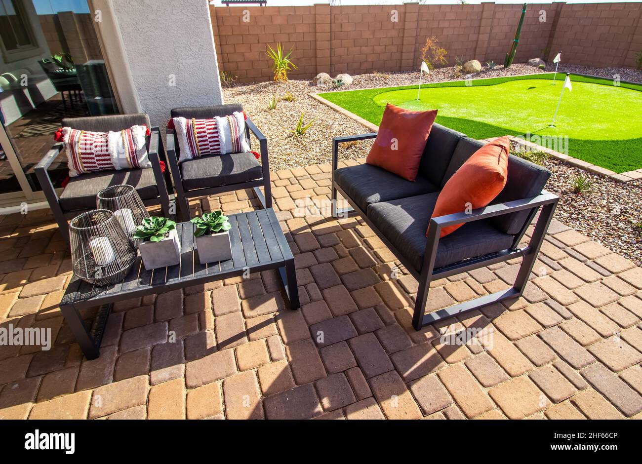 Rear Yard Conversation Area On Paver Patio With Back Yard Putting Green ...